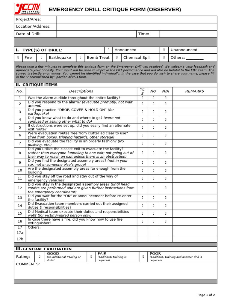 EPR Attachment 2 - Drill Critique Form | PDF