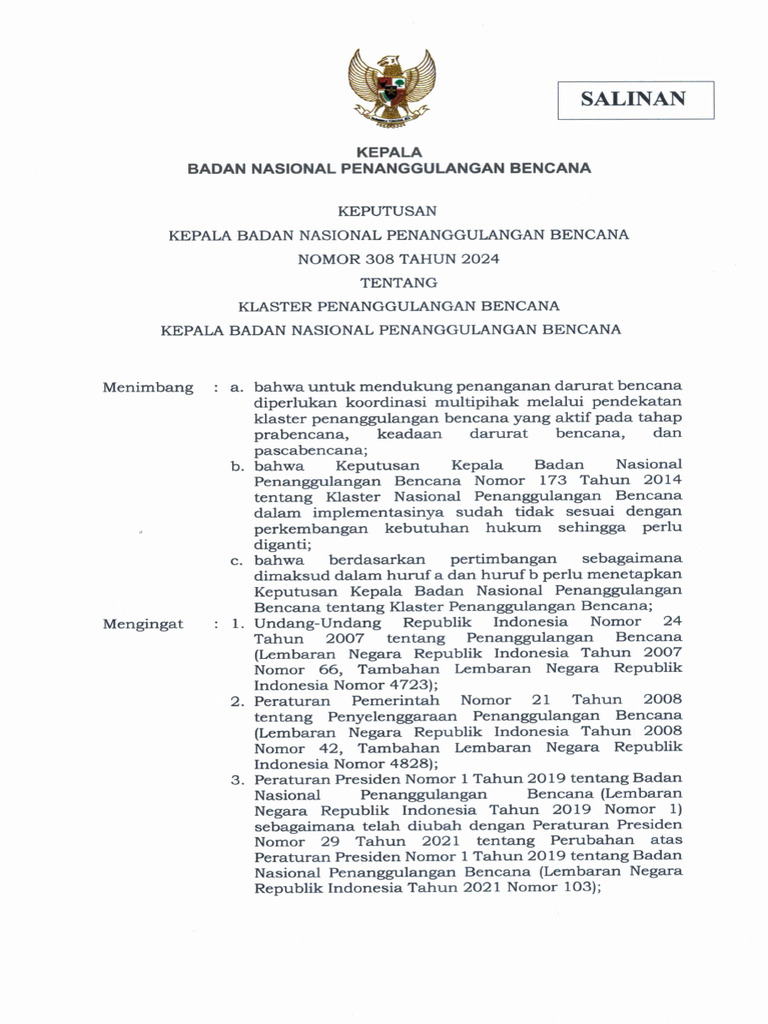 SK Kepala BNPB Nomor 308 Tahun 2024 Tentang Klaster PB | PDF