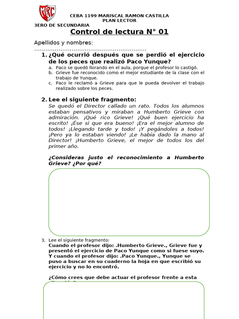 Control 2 Paco Yunque 3ero | PDF