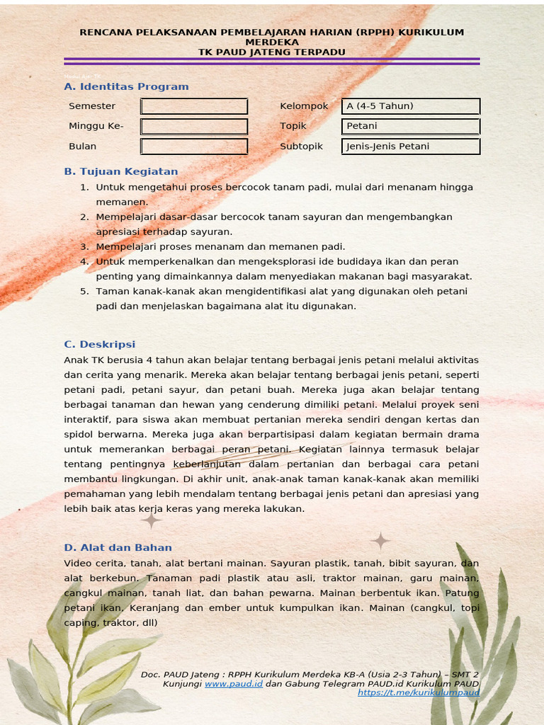 RPPH Modul Ajar TK A 4 5 Petani | PDF