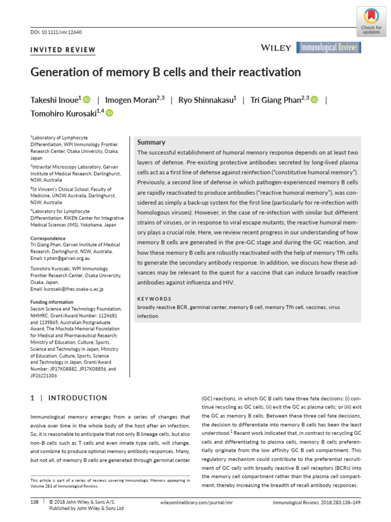 Generation of Memory B Cells and Their Reactivation | PDF