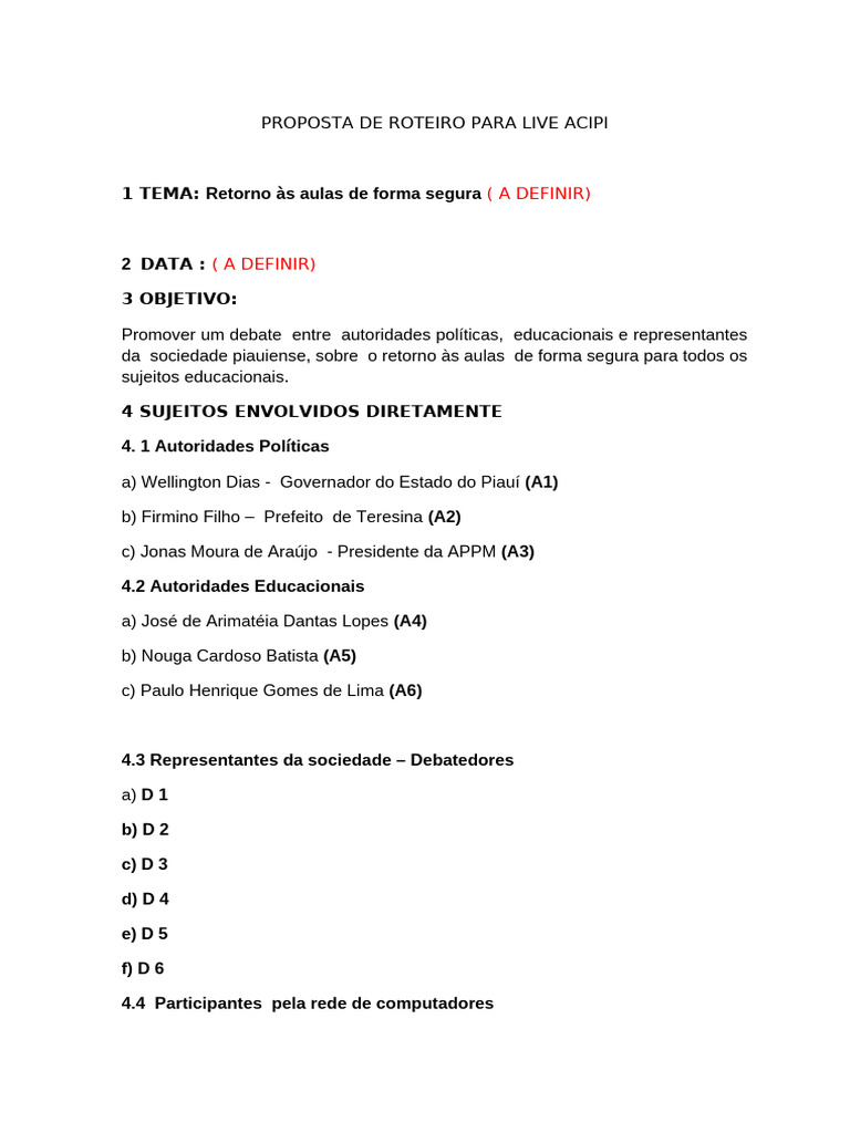 Proposta de Roteiro para Live Acipi | PDF