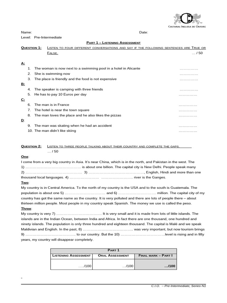 3pre Intermediate - Listening Test - Serie N1 - CIO 2024 | PDF