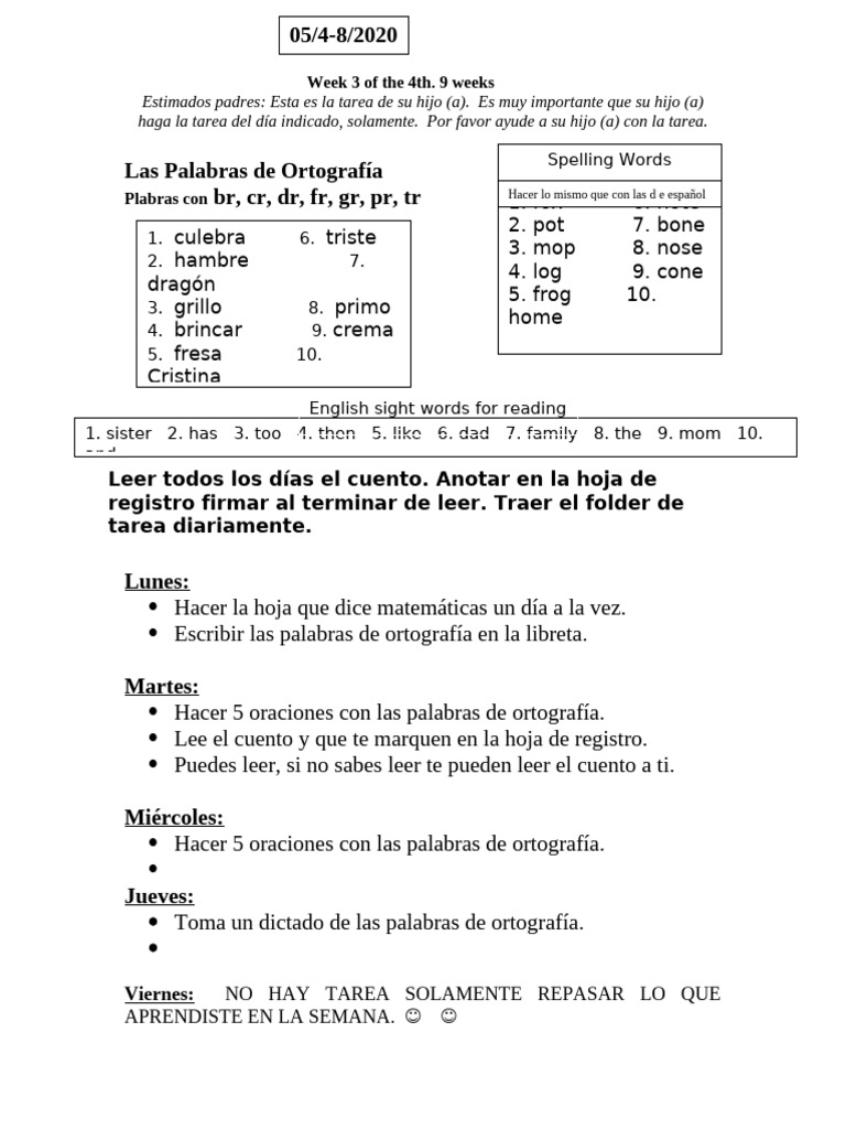 Tareas Week 7 4th. 9 Wks. Spanish Homework | PDF