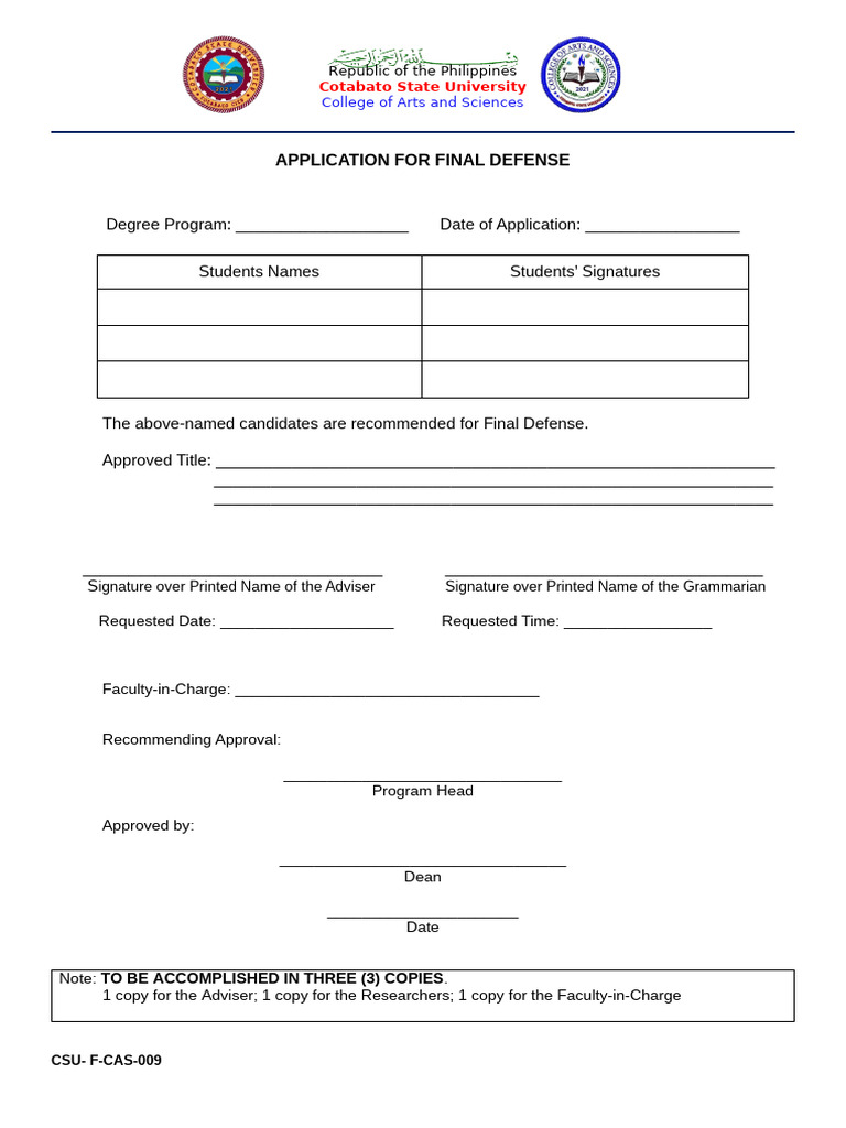 Application For Final Defense Form | PDF