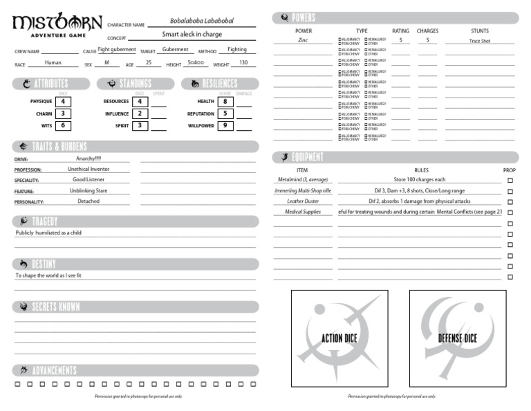 Mistborn Adventure Game-Character Sheet-FillableCalc-v3 | PDF