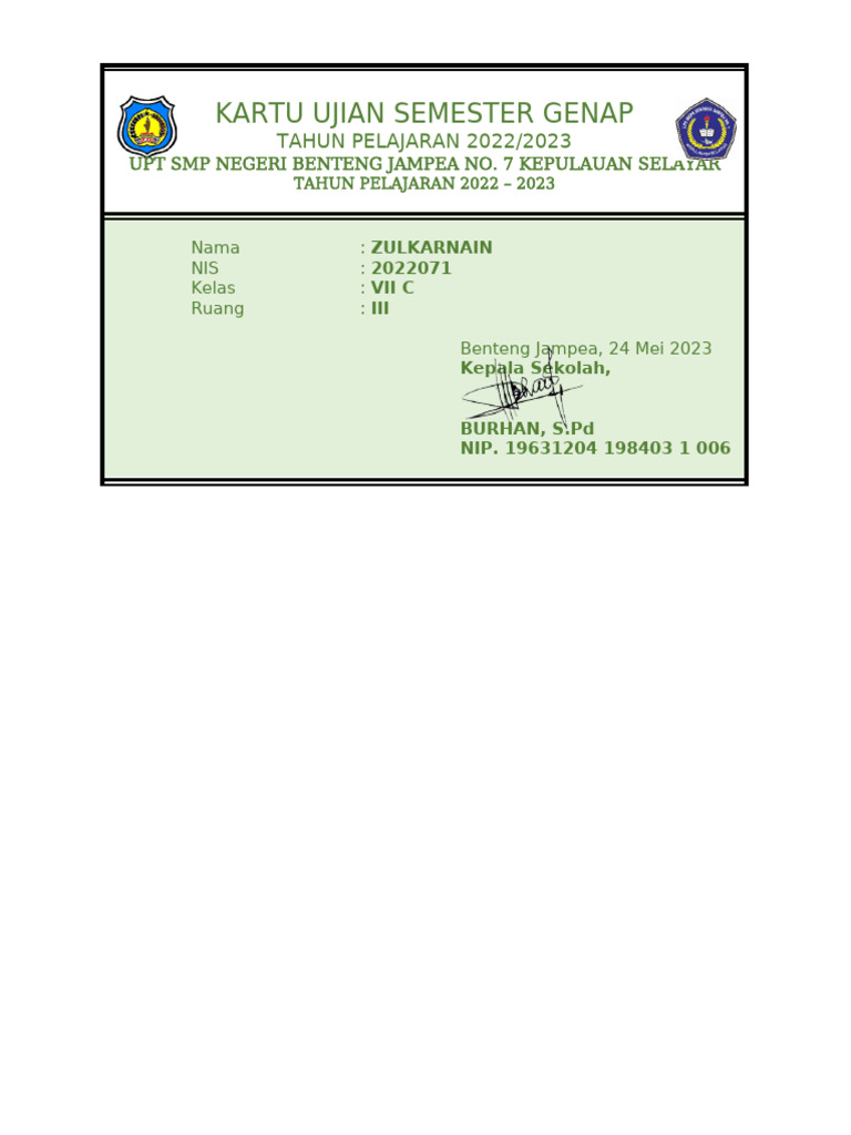 Kartu Ujian Semester Genap | PDF