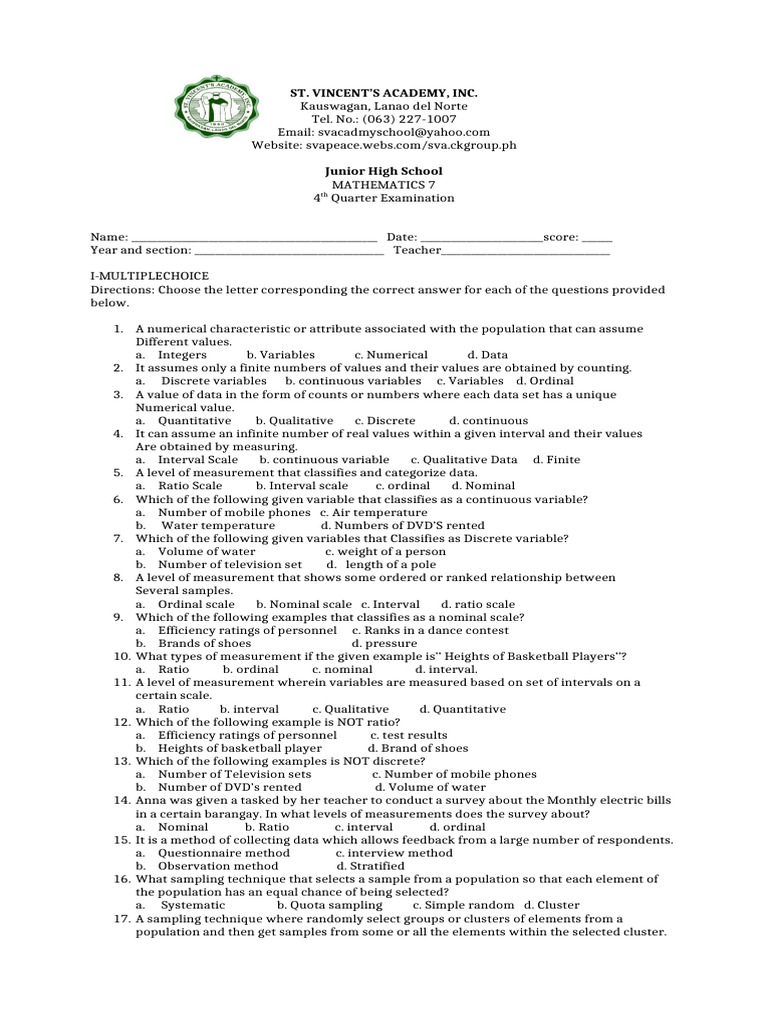 4th Quarter Math TQ New | PDF
