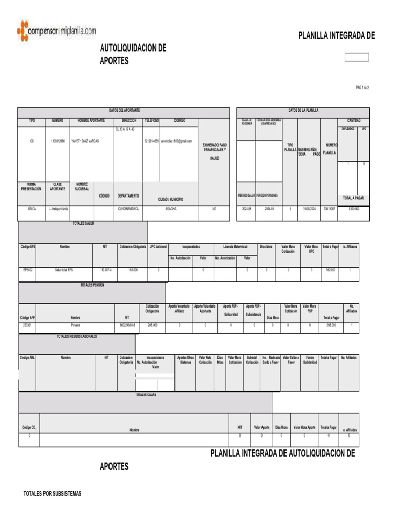 Planilla Yaneth Diaz Agosto PDF | PDF