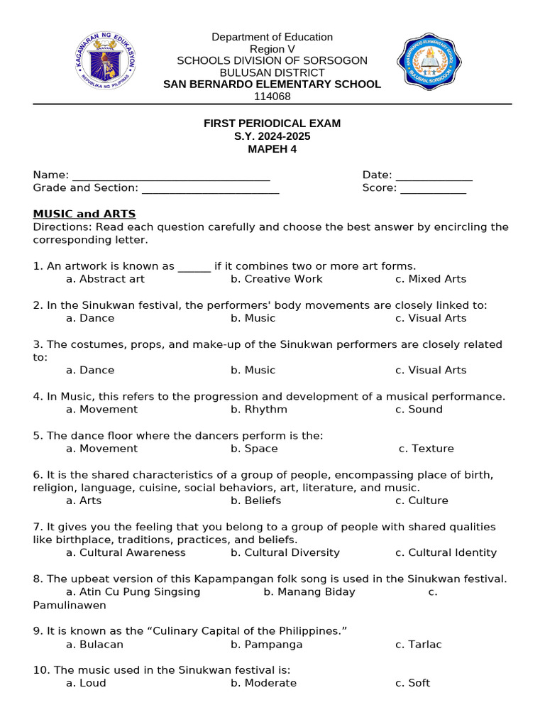 MAPEH Grade 4 First Periodical Exam | PDF | Dances