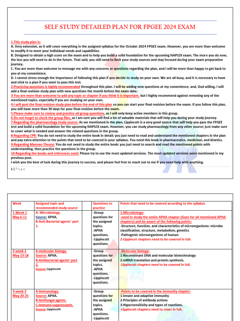Fpgee Detailed Self Study Plan For Fpgee 2024-1 | PDF
