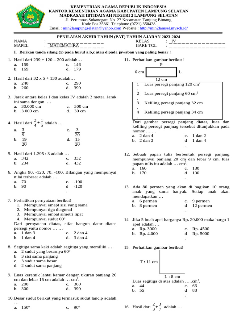 Soal Pat Matematika 2023-2024 | PDF