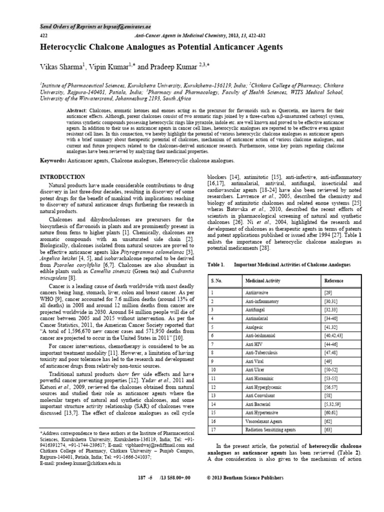 Heterocyclic Chalcone Analogues As Potential Anticancer Agents | PDF