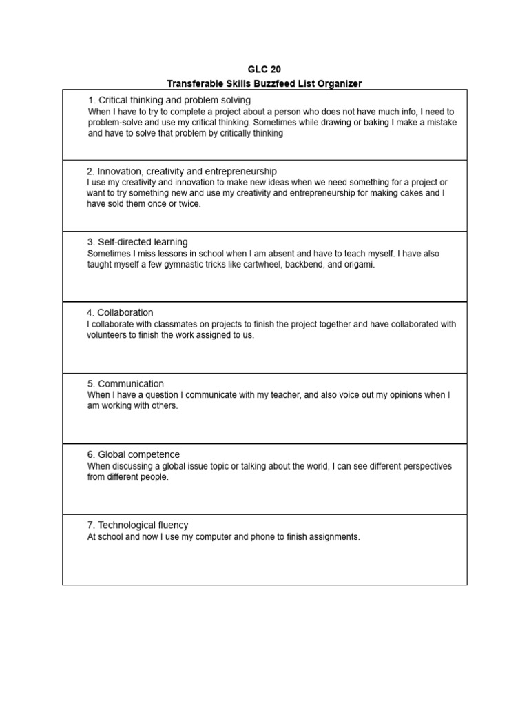 GLC 20 Transferable Skills Buzzfeed List Organizer | PDF