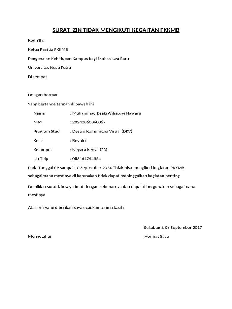 Surat Izin Tidak Mengikuti Kegaitan PKKMB | PDF