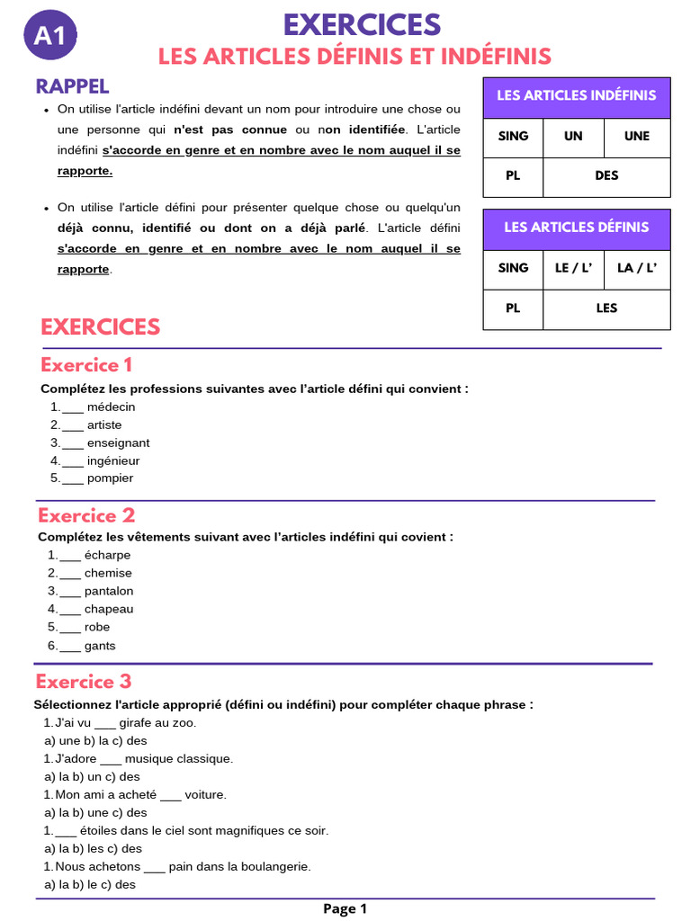 Les Articles Definis Et Indefinis Exercises | PDF