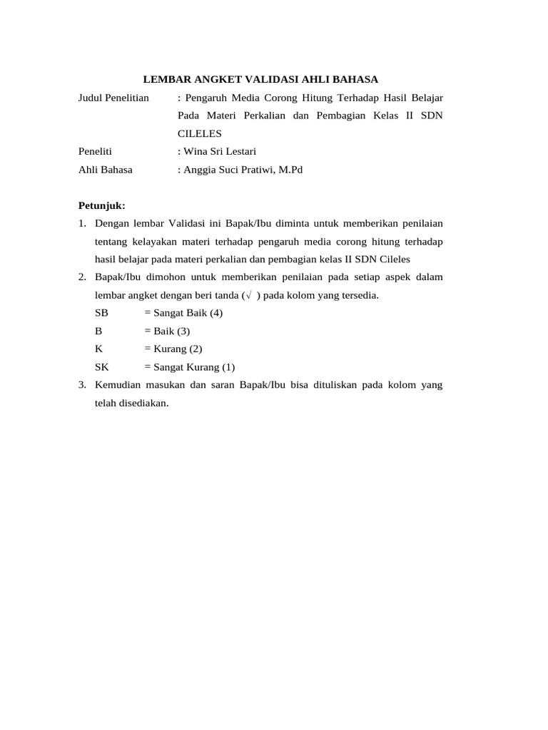Angket Validasi Ahli Bahasa - Wina Sri Lestari | PDF
