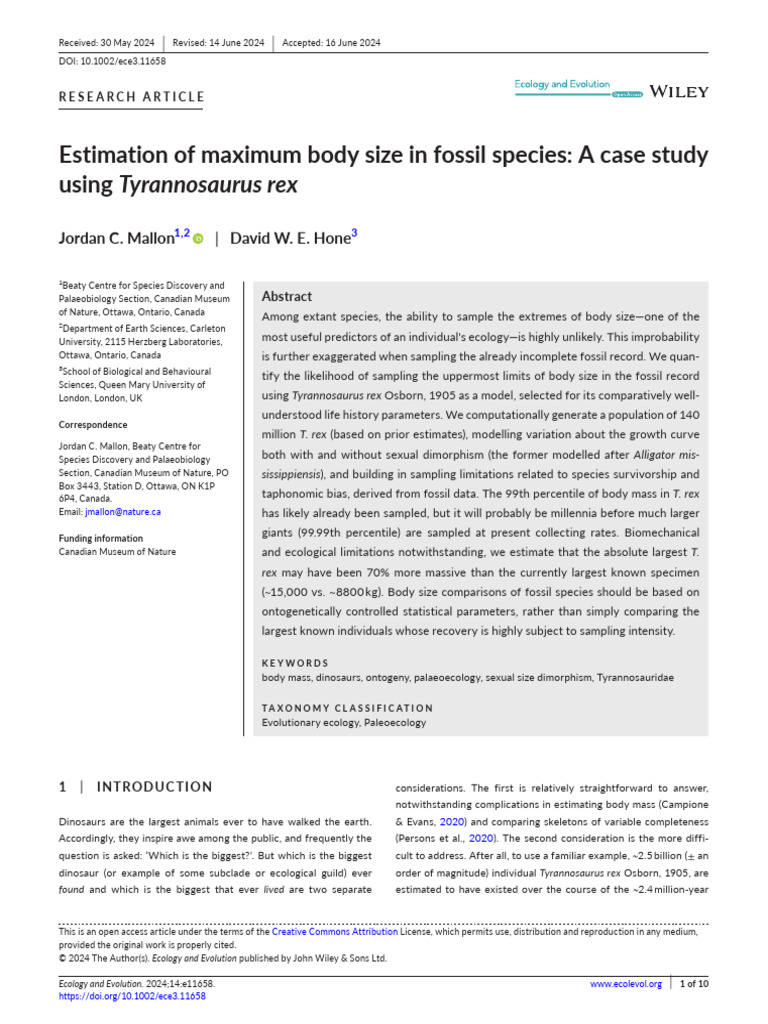 Estimation of Maximum Body Size in Fossil Species | PDF