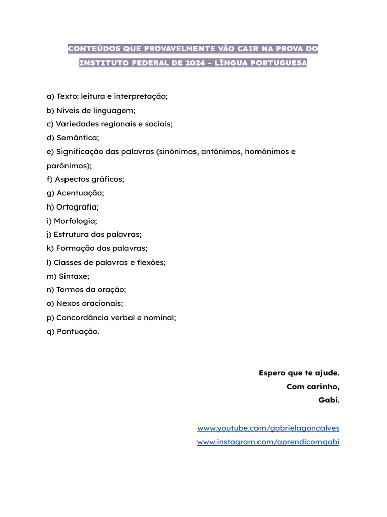 Conteúdos Que Provavelmente Vão Cair Na Prova Do Instituto Federal de 2024 - Língua Portuguesa | PDF
