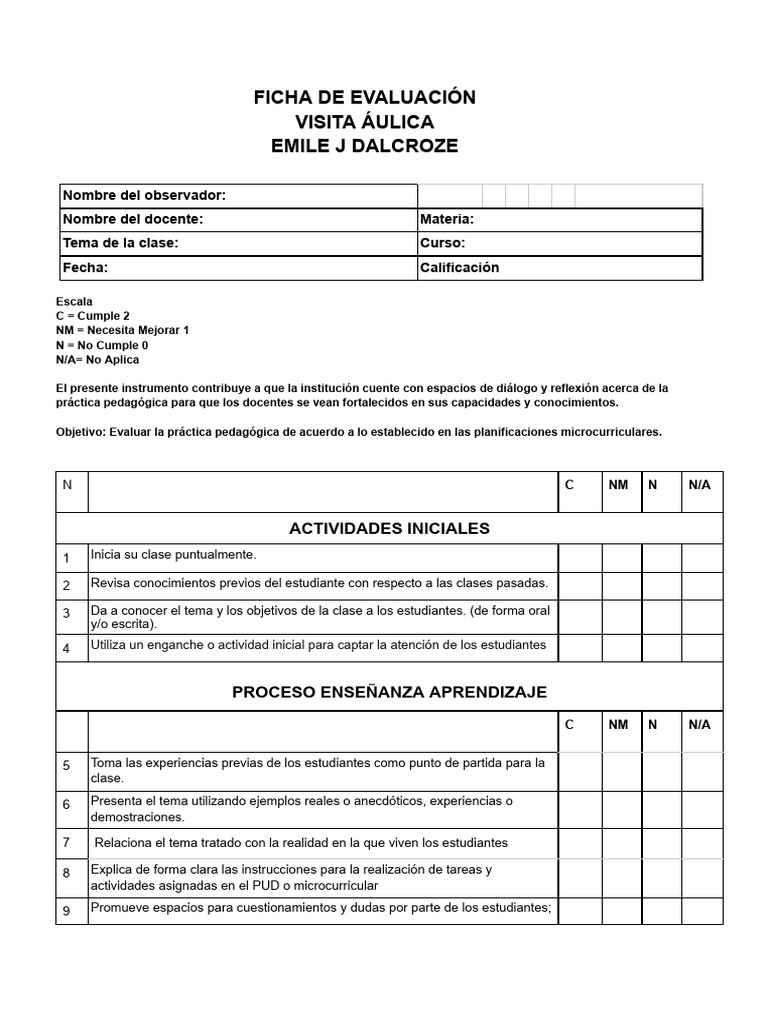 Ficha de Evaluación Visita Aulica | PDF