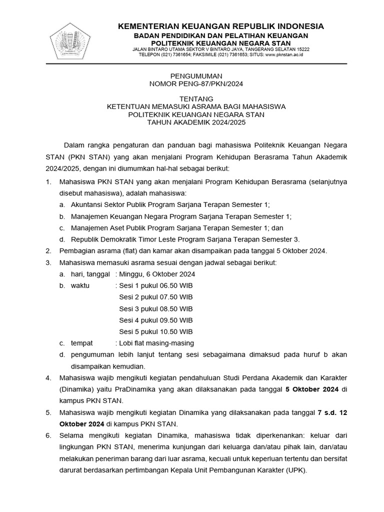 Pengumuman Ketentuan Memasuki Asrama Bagi Mahasiswa Politeknik Keuangan Negara STAN Tahun ...