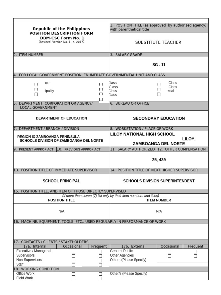 DBM-CSC-Form-No.-1-Position-Description-Forms-SUBstitute TEACHER | PDF