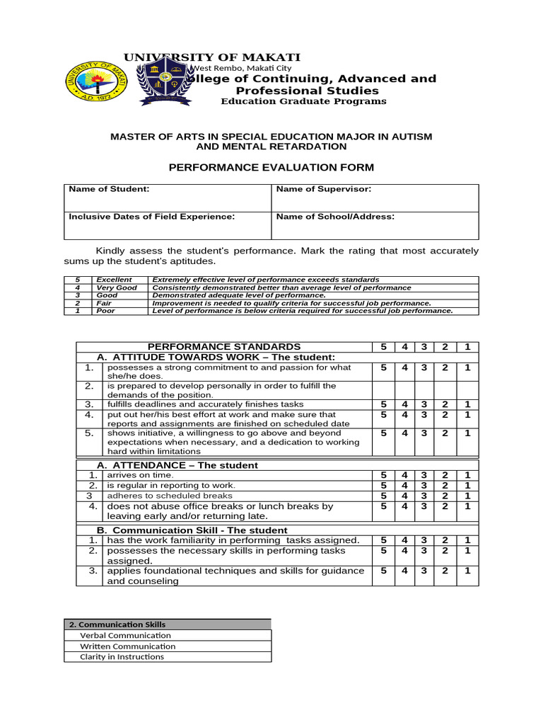 Sped 106 Performance Evaluation Form | PDF