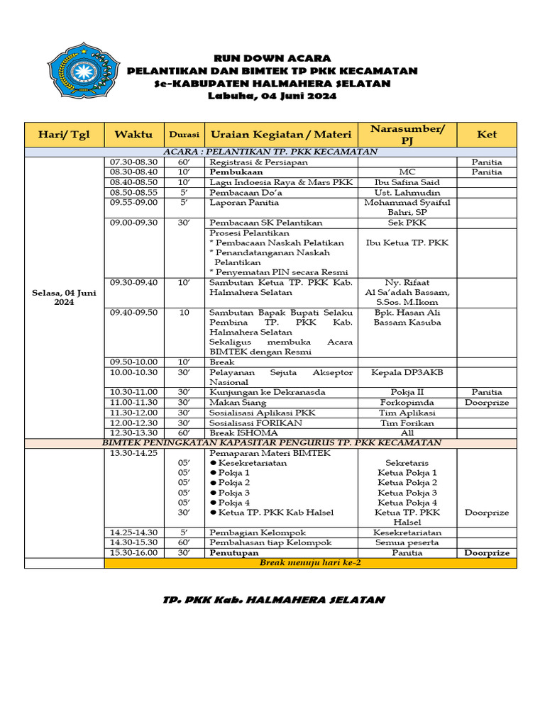 Run Down Acara Pembukaan Bimtek | PDF