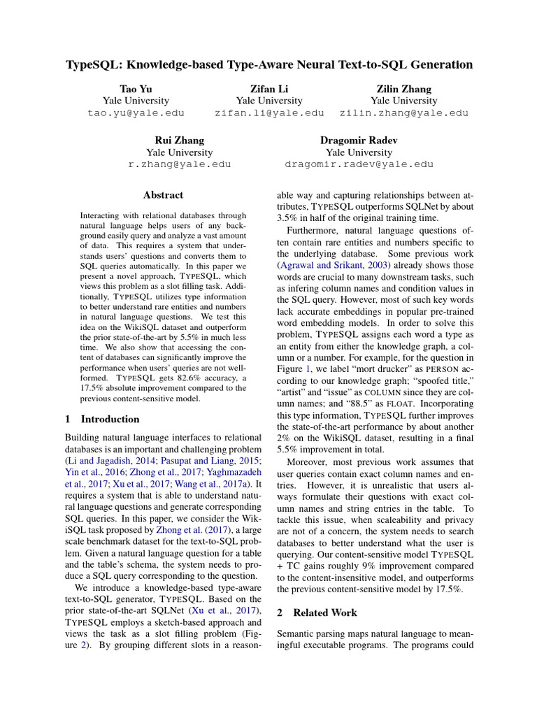 Typesql: Knowledge-Based Type-Aware Neural Text-To-Sql Generation | PDF