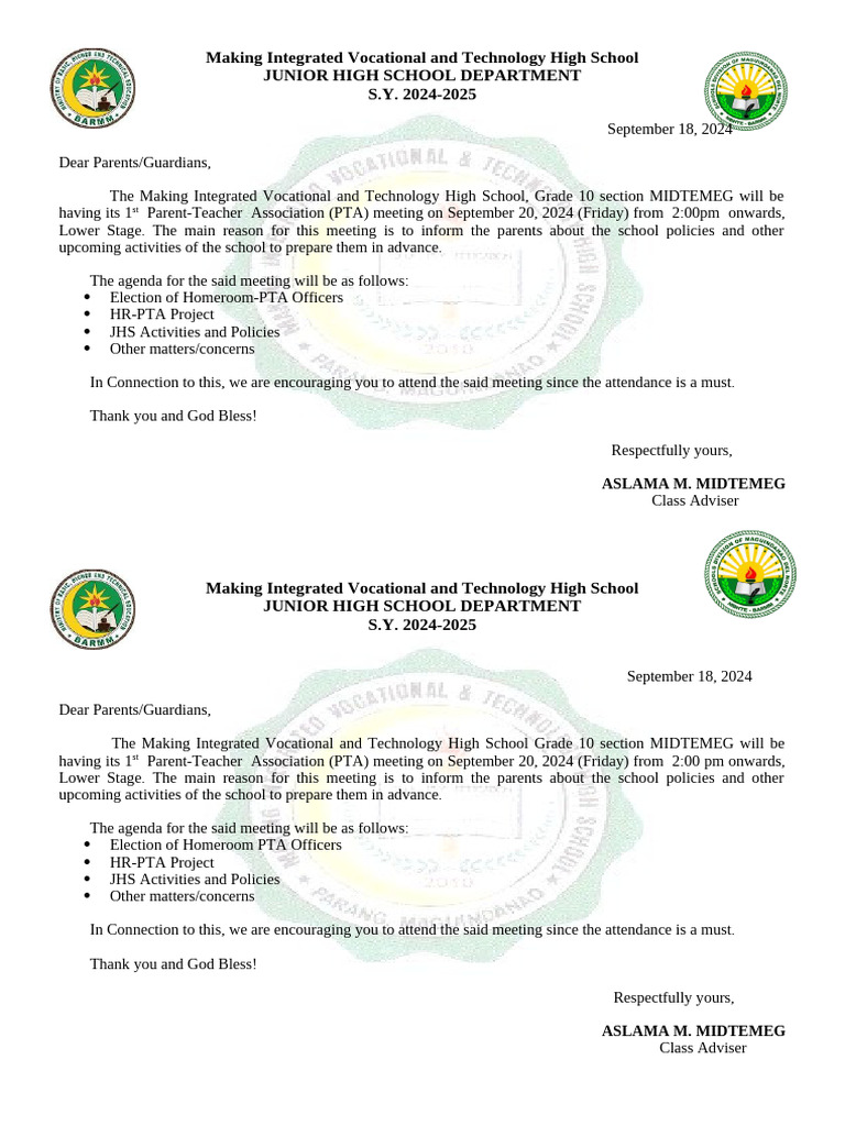 PTA Meeting Letter Edited 1 | PDF