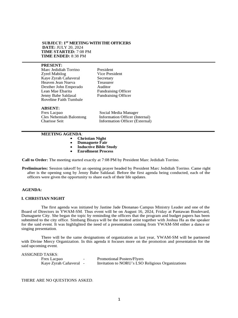 Ywam SM 1st Official Meeting | PDF