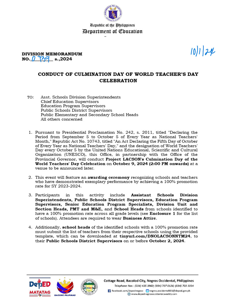 HRDS Conduct of Culmination Day of World Teachers Day Celebration | PDF