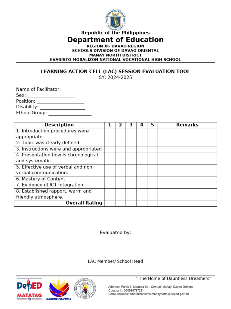 Encl. 4 LAC SESSION EVALUATION TOOL Each Member School Head | PDF