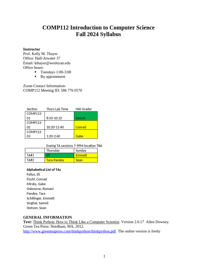 Syllabus COMP112 F24 | PDF