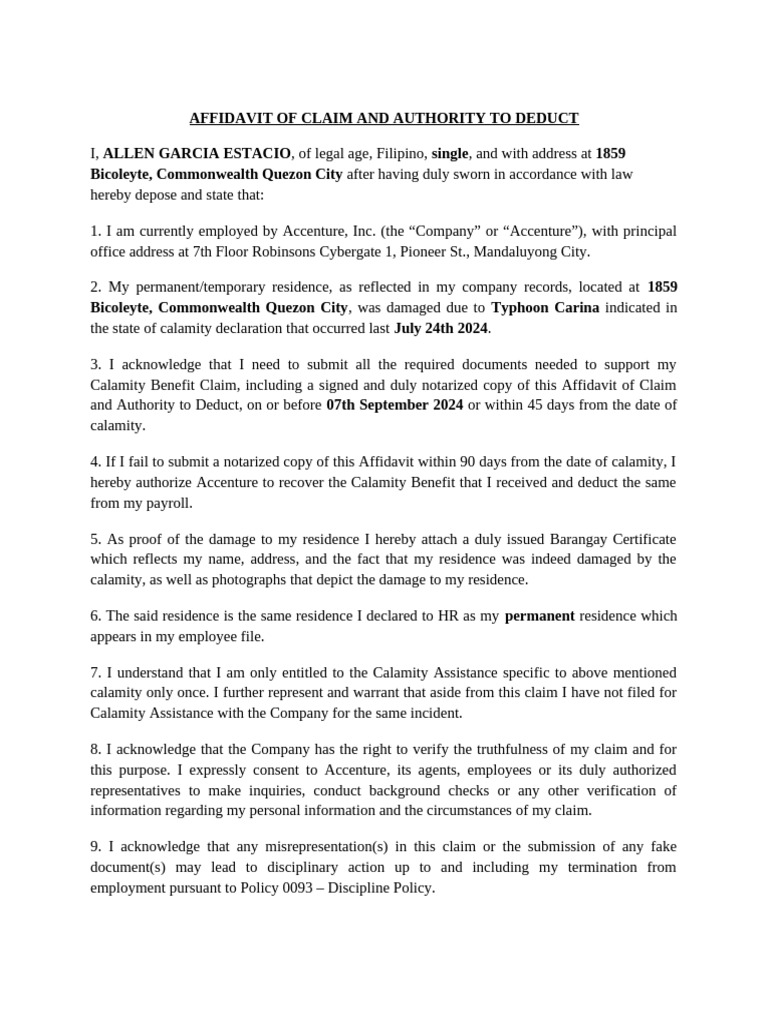 Affidavit of Claim and Authority To Deduct | PDF