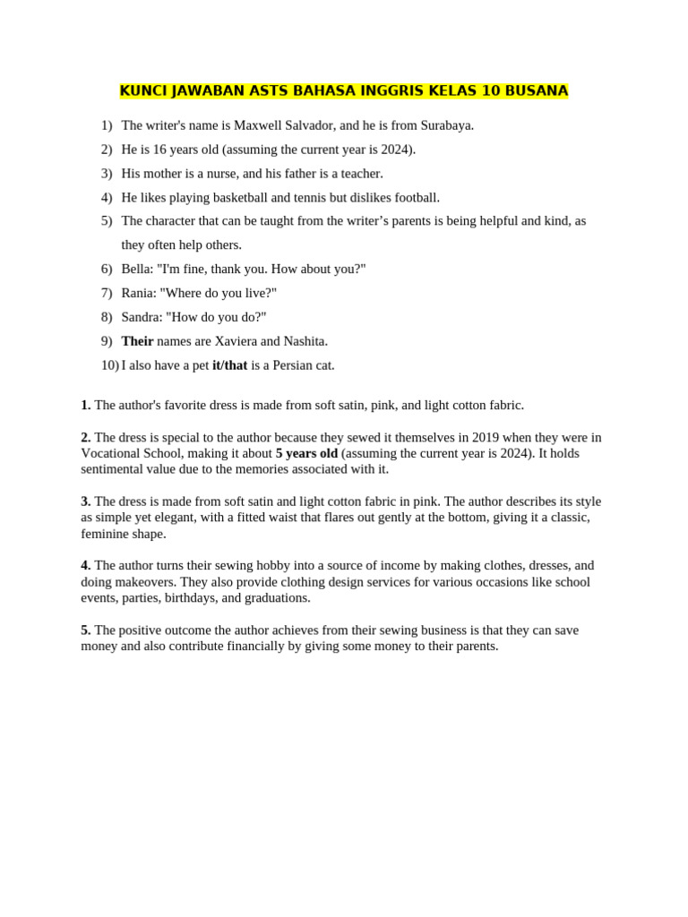 Kunci Jawaban Asts Bahasa Inggris Kelas 10 Busana | PDF