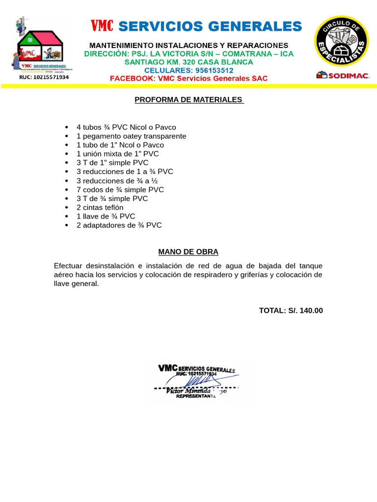 Proforma de Materiales | PDF