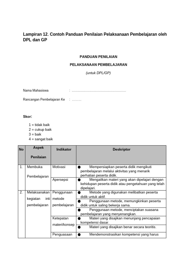 Lampiran 12. Contoh Panduan Penilaian Pelaksanaan Pembelajaran Oleh DPL Dan GP | PDF