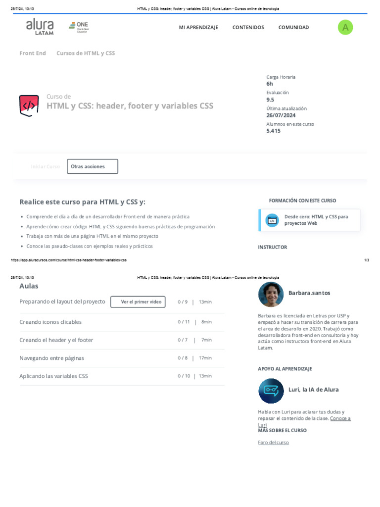 HTML y CSS - Header, Footer y Variables CSS - Alura Latam - Cursos Online de Tecnologia | PDF