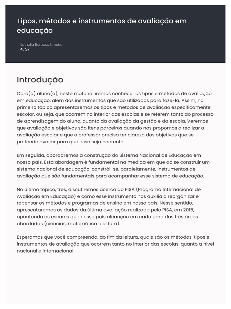 Tipos, Métodos e Instrumentos de Avaliação em Educação | PDF