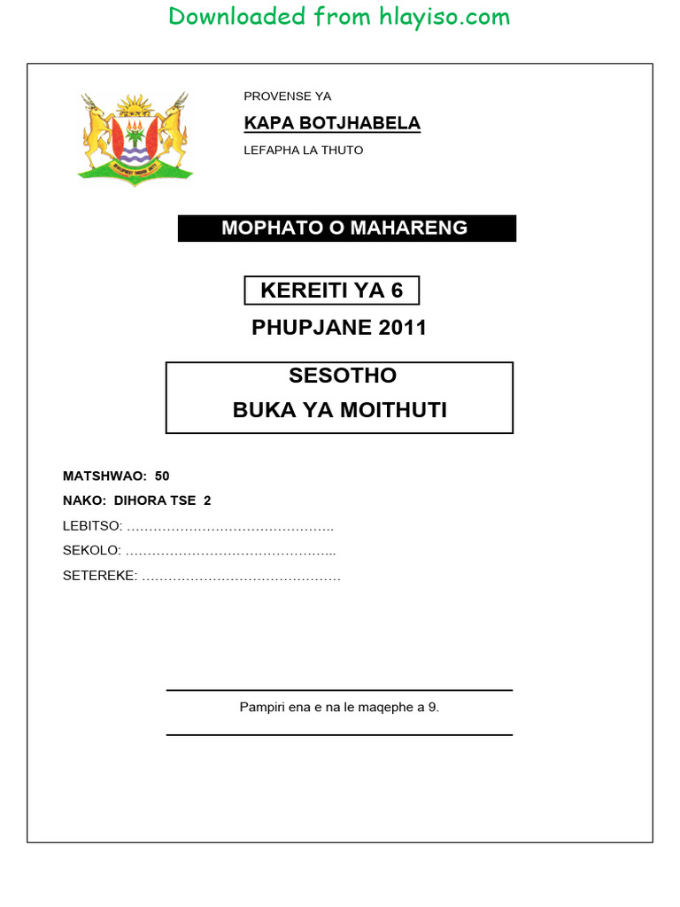 GR 6 Sesotho QP June 2011 | PDF | Languages Of Africa