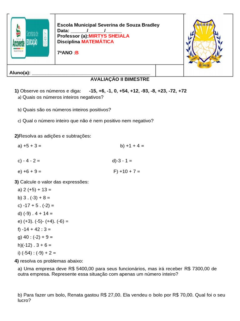 Avaliação Ii Bimestre Matemática Pdf