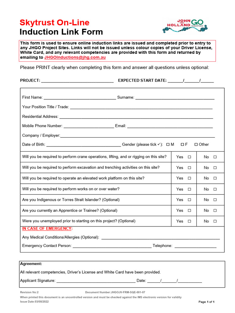 X Induction Request Form | PDF