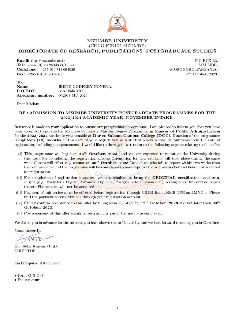 Get Masters Admission Letter | PDF