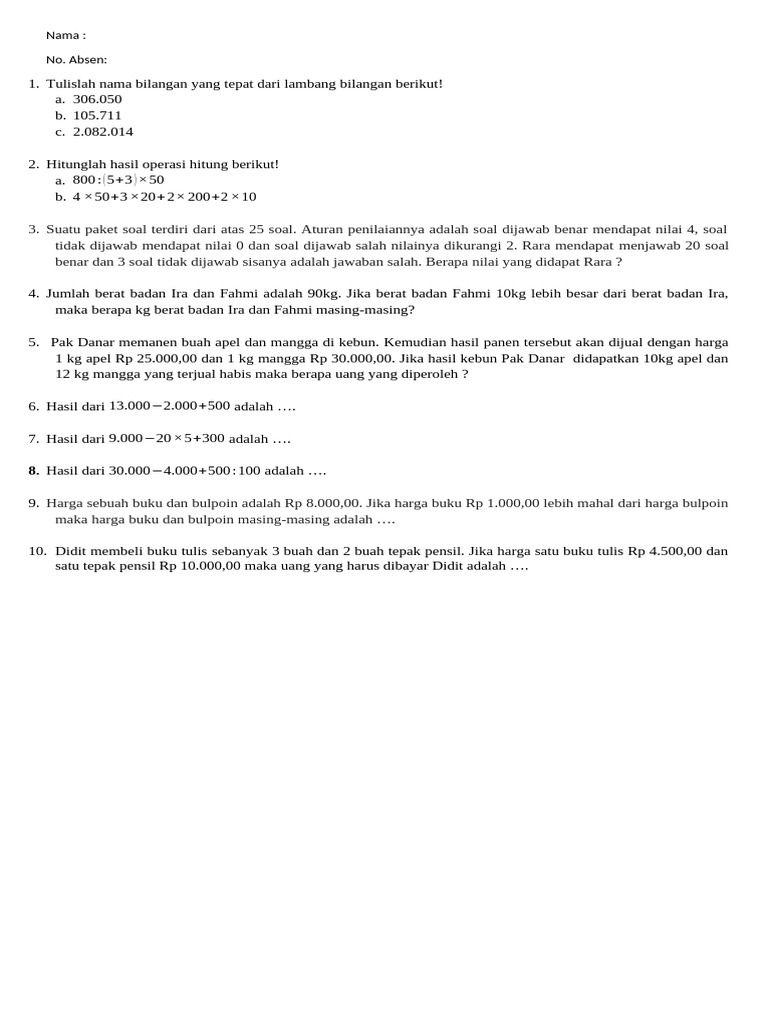 Latihan Soal PTS MTK | PDF | Home & Garden