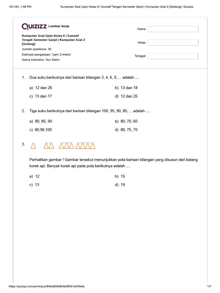 Kumpulan Soal Ujian Kelas 8 - Sumatif Tengah Semester Ganjil - Kumpulan Soal 2 (Sedang ...