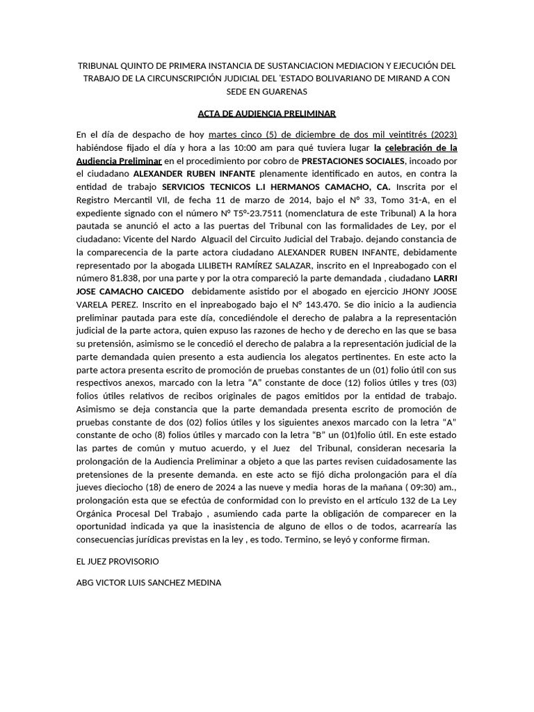 Acta de Audiencia Premilinar 9no | PDF