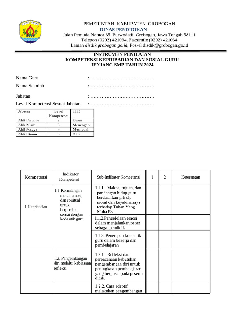 Instrumen Monev Kepribadian & Sosial Guru - 2024 | PDF