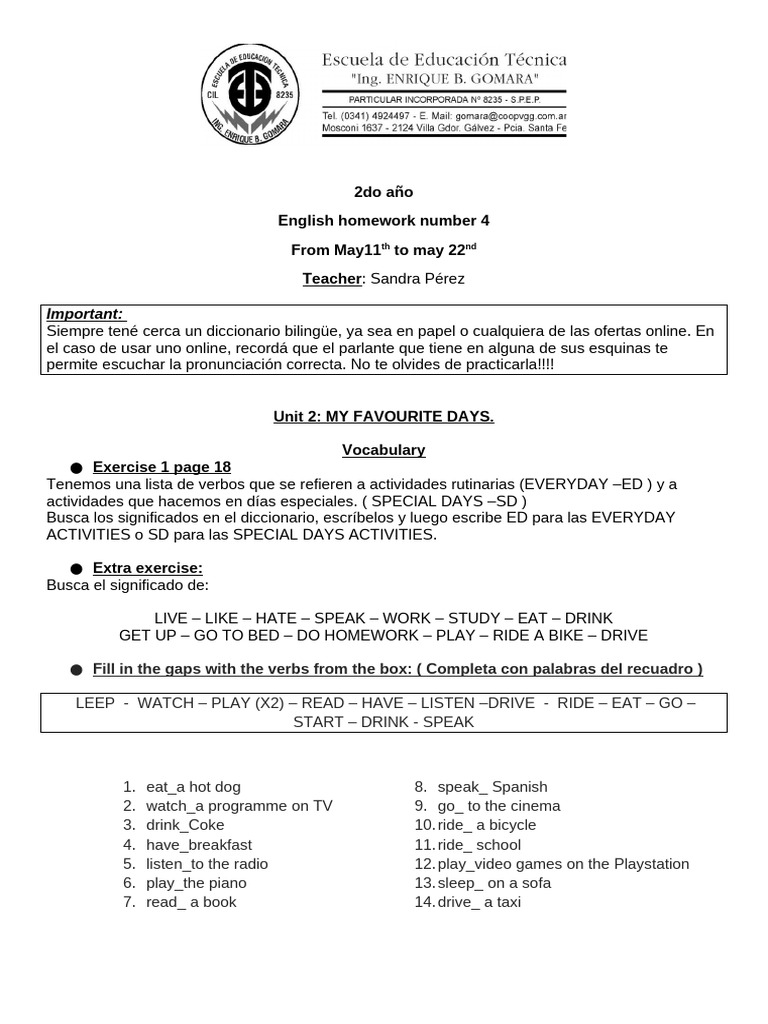 2do Año - Homework Number 4 | PDF