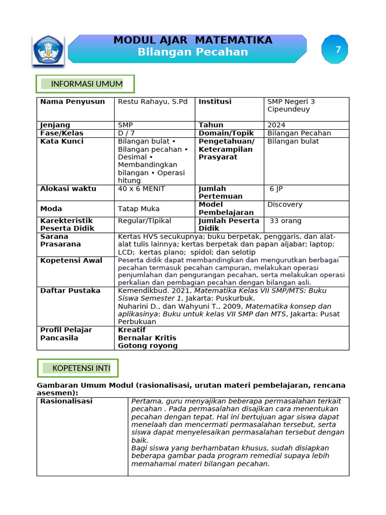Modul Ajar Matematika Kelas 7 Bilangan Rasional | PDF
